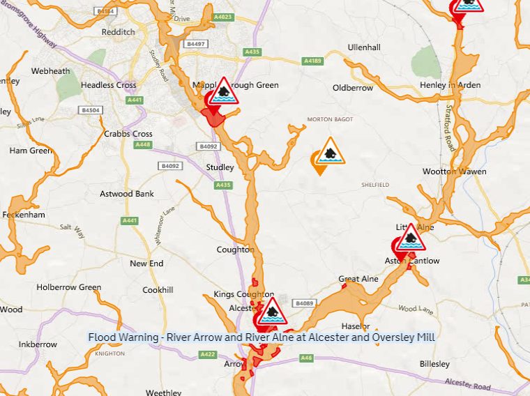 Environment Agency flood warning for the River Arrow at Washford Mill ...